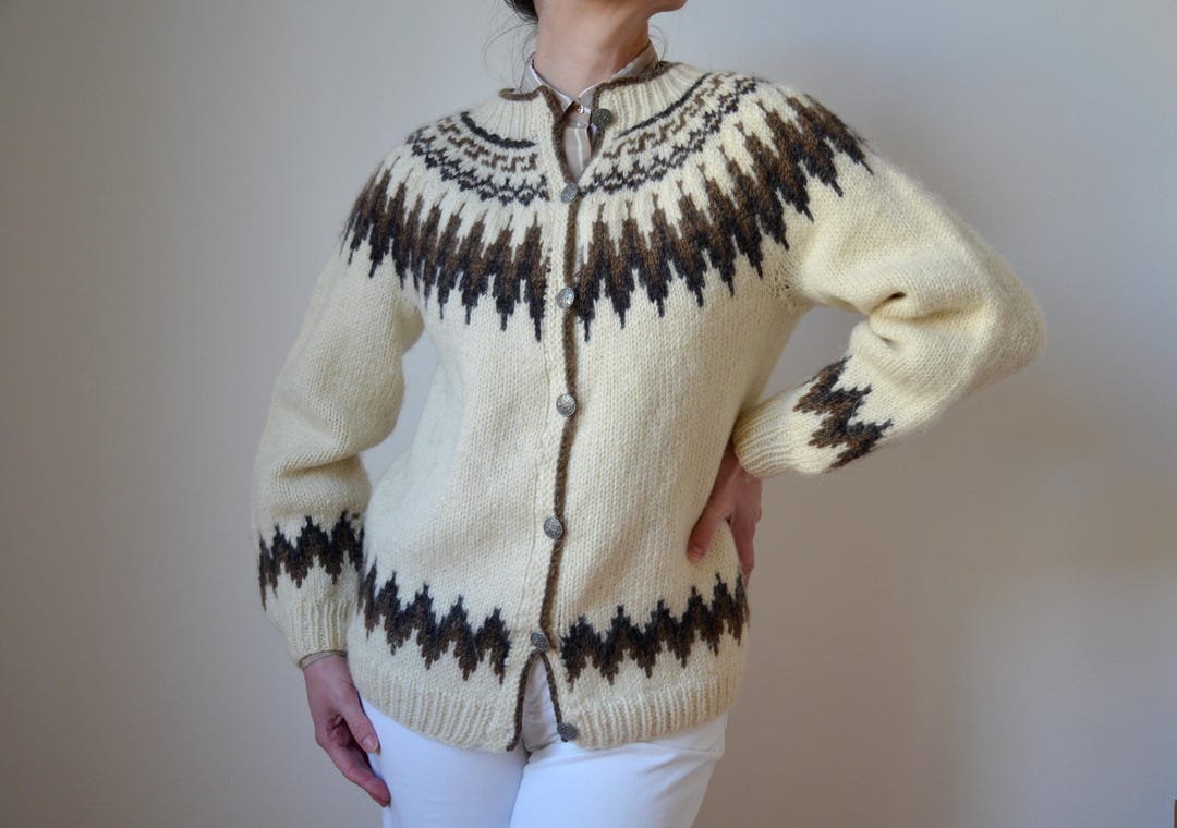 Vintage 80s Icelandic Traditional Cardigan, Pure Wool Hand Knit Folk ...