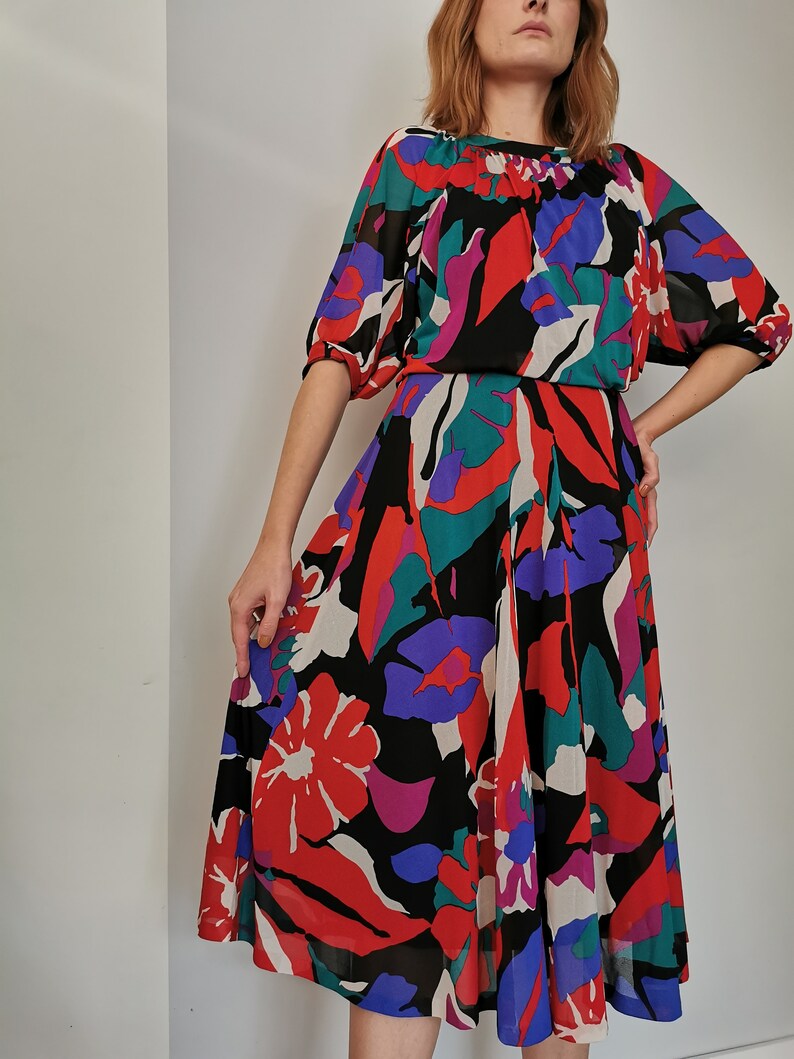 Vintage 80s Colorful Dress, Bright Colors Dress, Red Purple Green ...