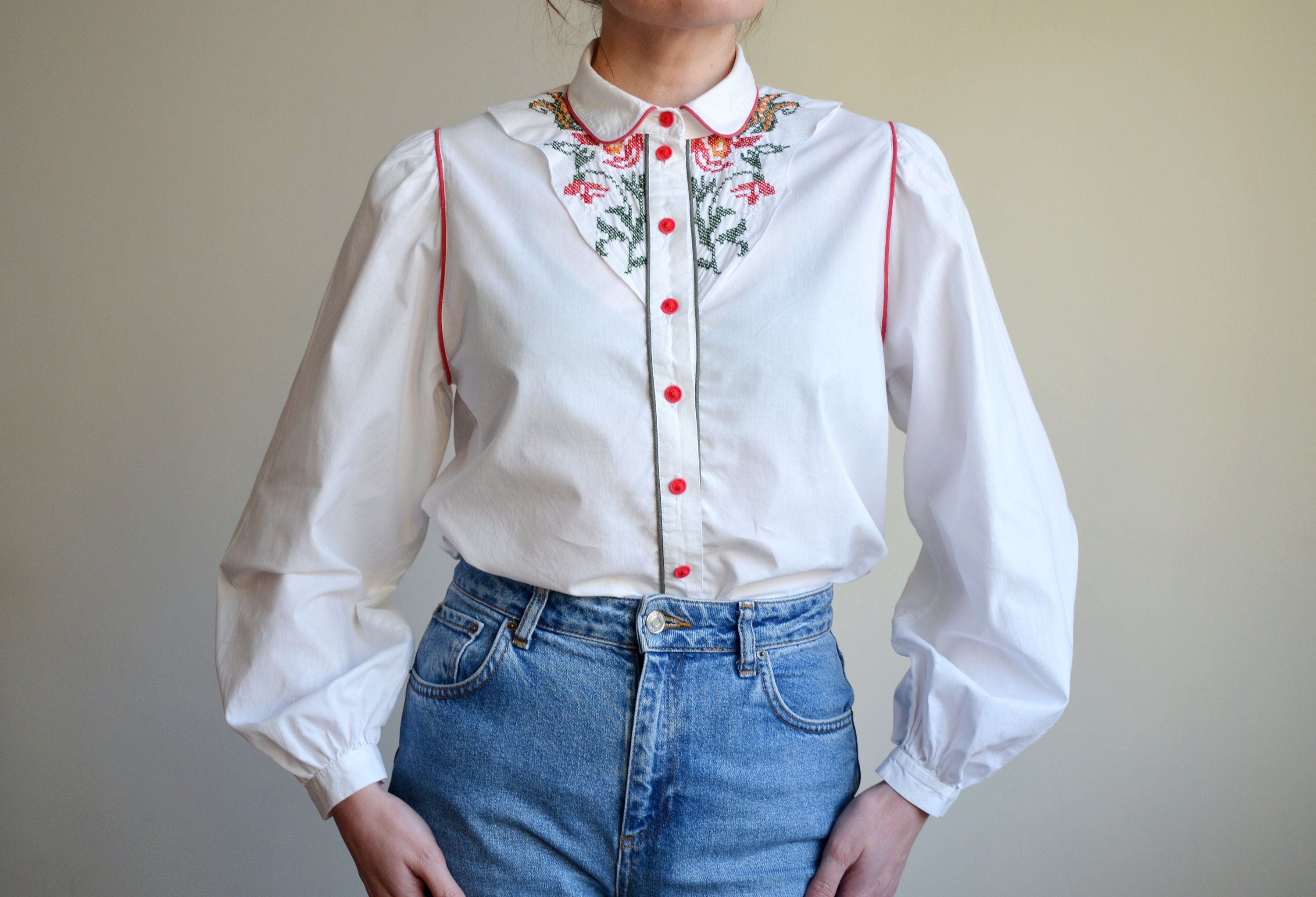Vintage 80s Embroidered Folk Blouse, Austrian Bavarian White Blouse ...