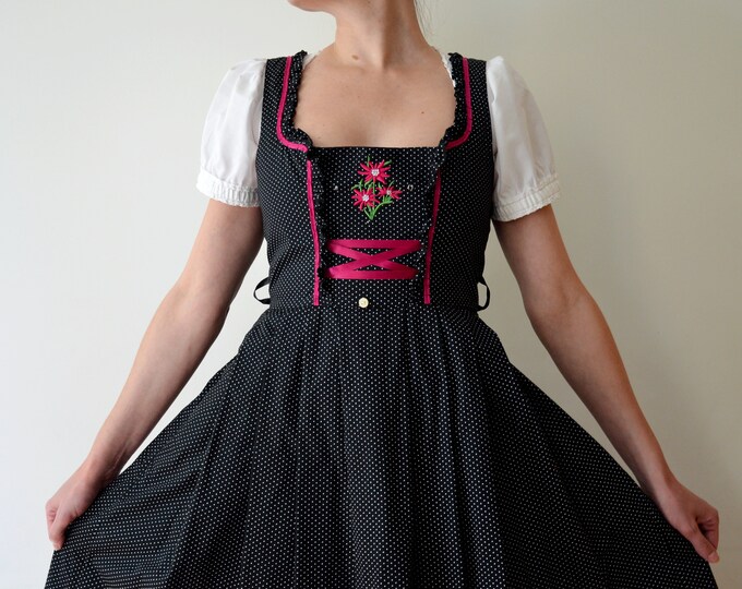 Vintage Embroidered Dirndl Dress Without Apron, Polka Dot Pattern Folk ...