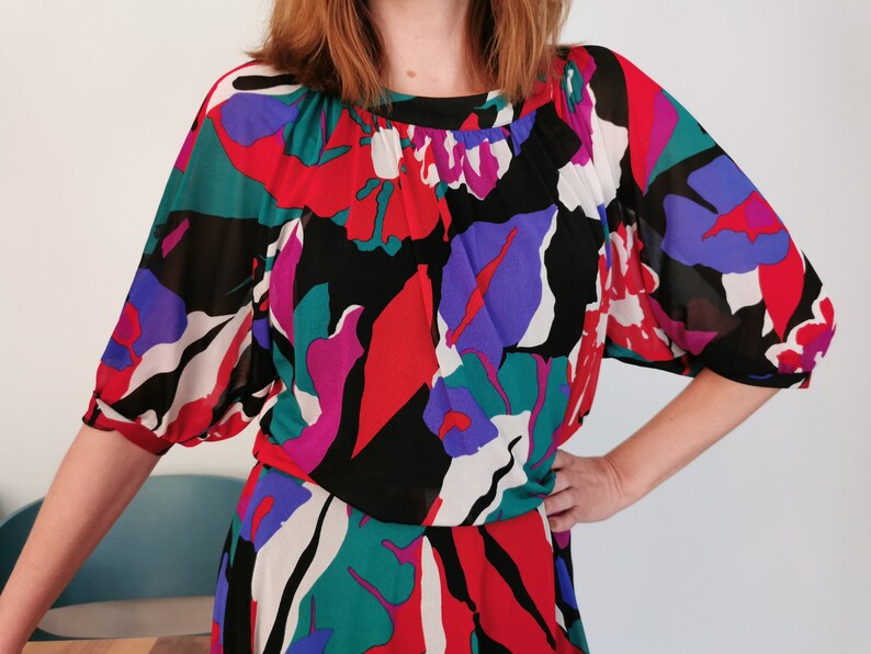 Vintage 80s Colorful Dress, Bright Colors Dress, Red Purple Green ...