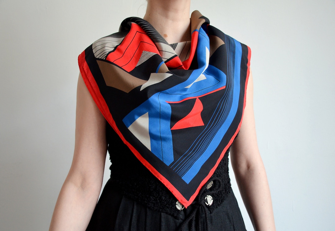 Vintage 80s Graphic Silk Scarf, Geometric Print Silk Scarf, Silk Square ...