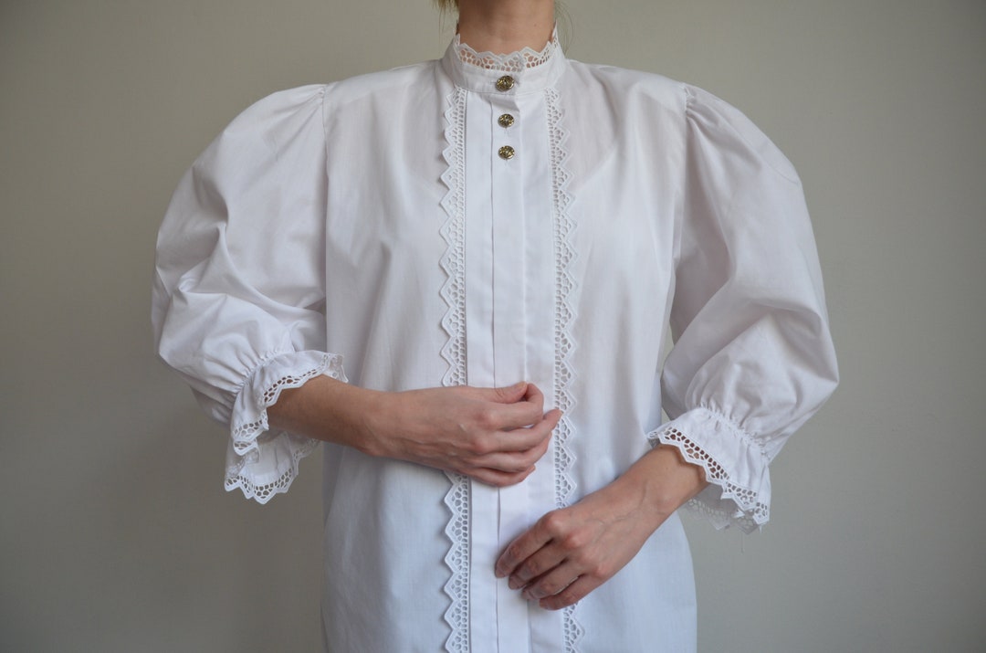 Vintage White Austrian Folk Blouse, White Lace Trachten Blouse, High ...