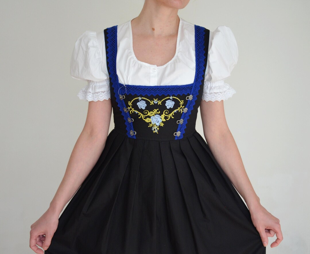 Vintage NOS Dirndl Dress, German Style Folk Dress, Embroidered Black Corset Dress, Oktoberfest ...
