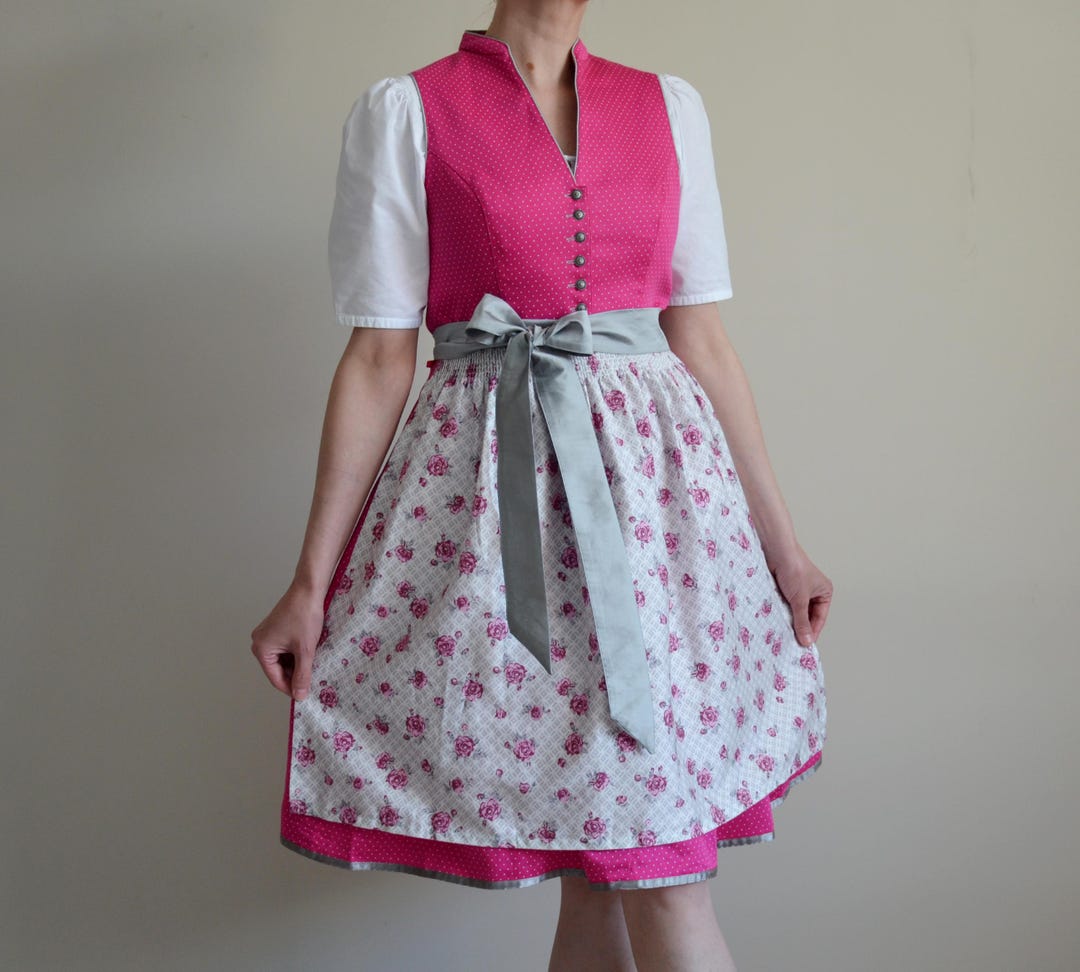 Vintage Austrian Folk Dress With Floral Apron, Magenta & White Polka ...