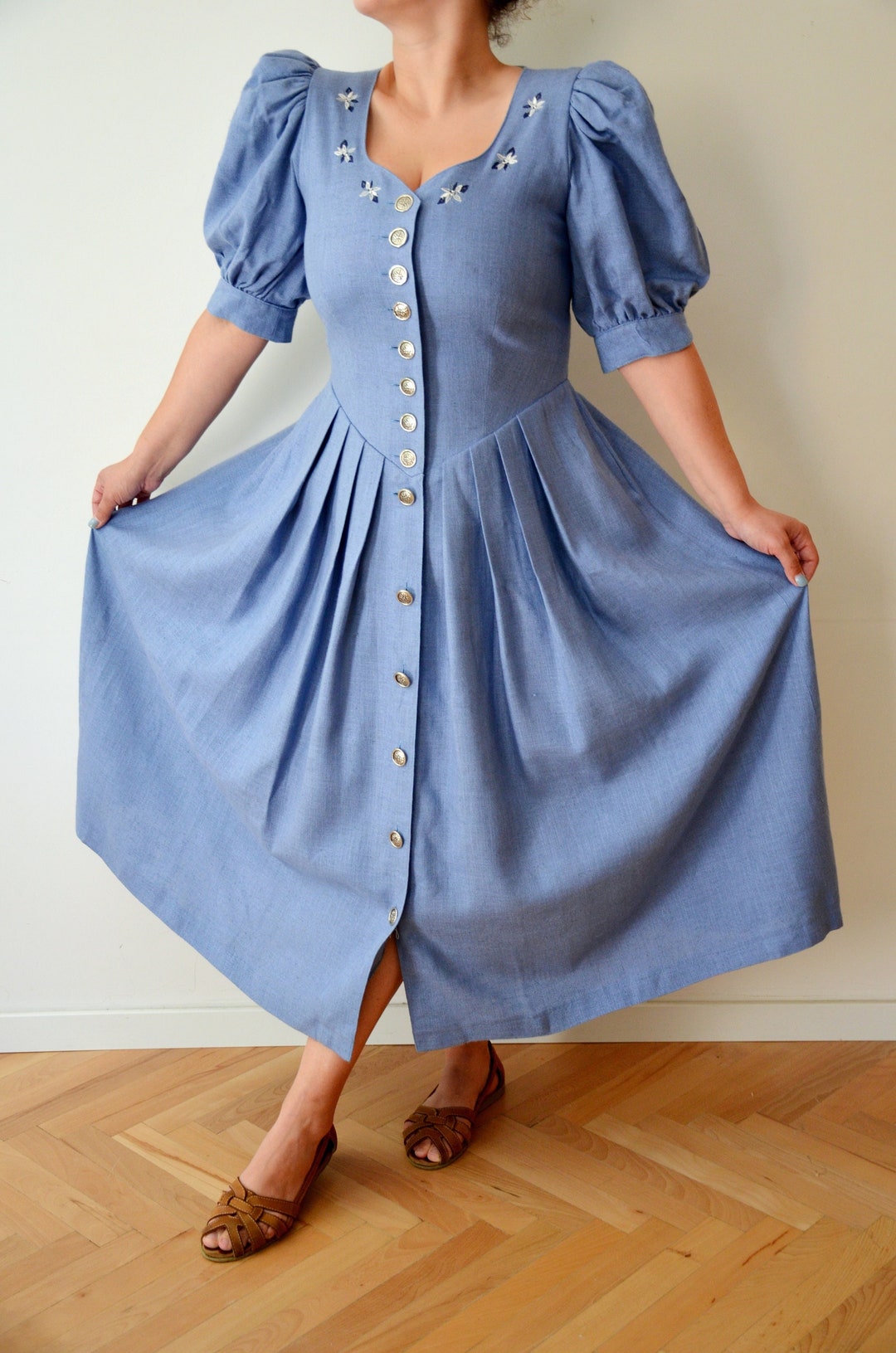 Vintage NOS Austrian Folk Dress With Puffy Sleeves, Blue Linen Blend ...