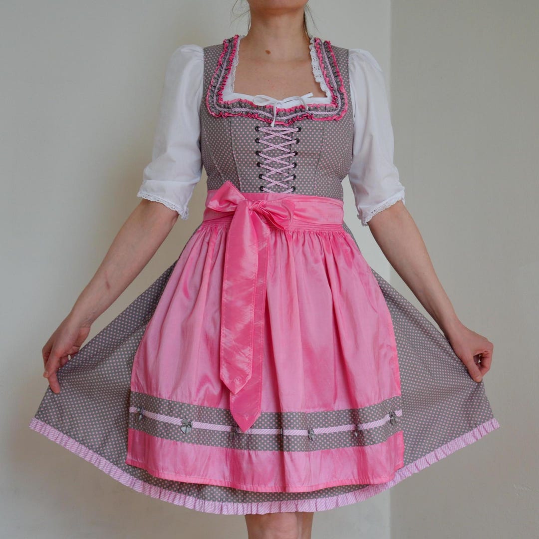 Vintage German Dirndl Dress With Apron, Gray Pink Polka Dot Folk Dress ...