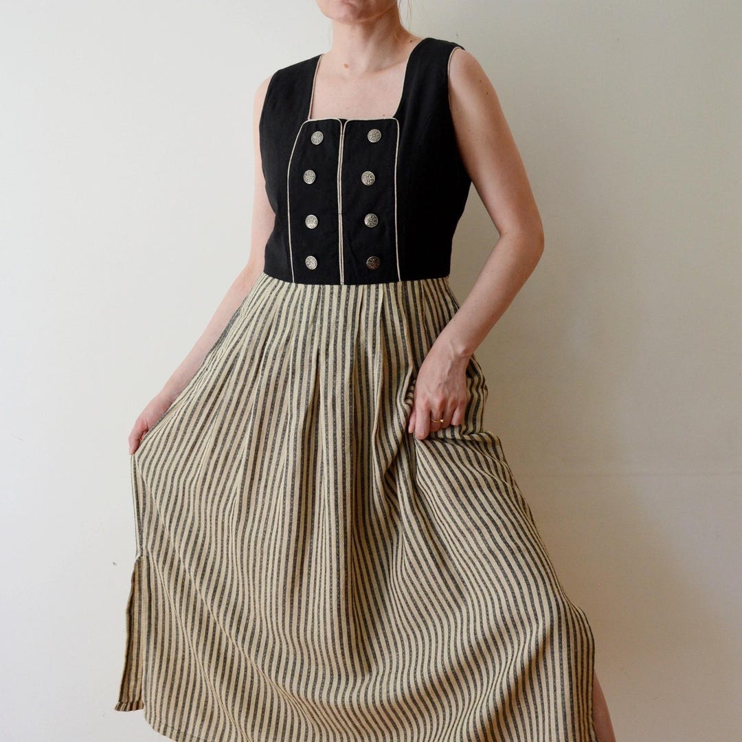 Vintage Austrian Folk Linen Dress, Beige Black Striped Peasant Dress ...