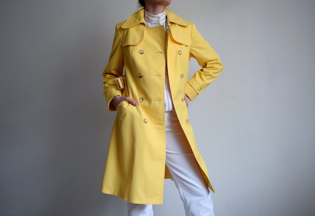 Vintage Trench Coat, 70s Double Breasted Yellow Trench Coat, Spring ...