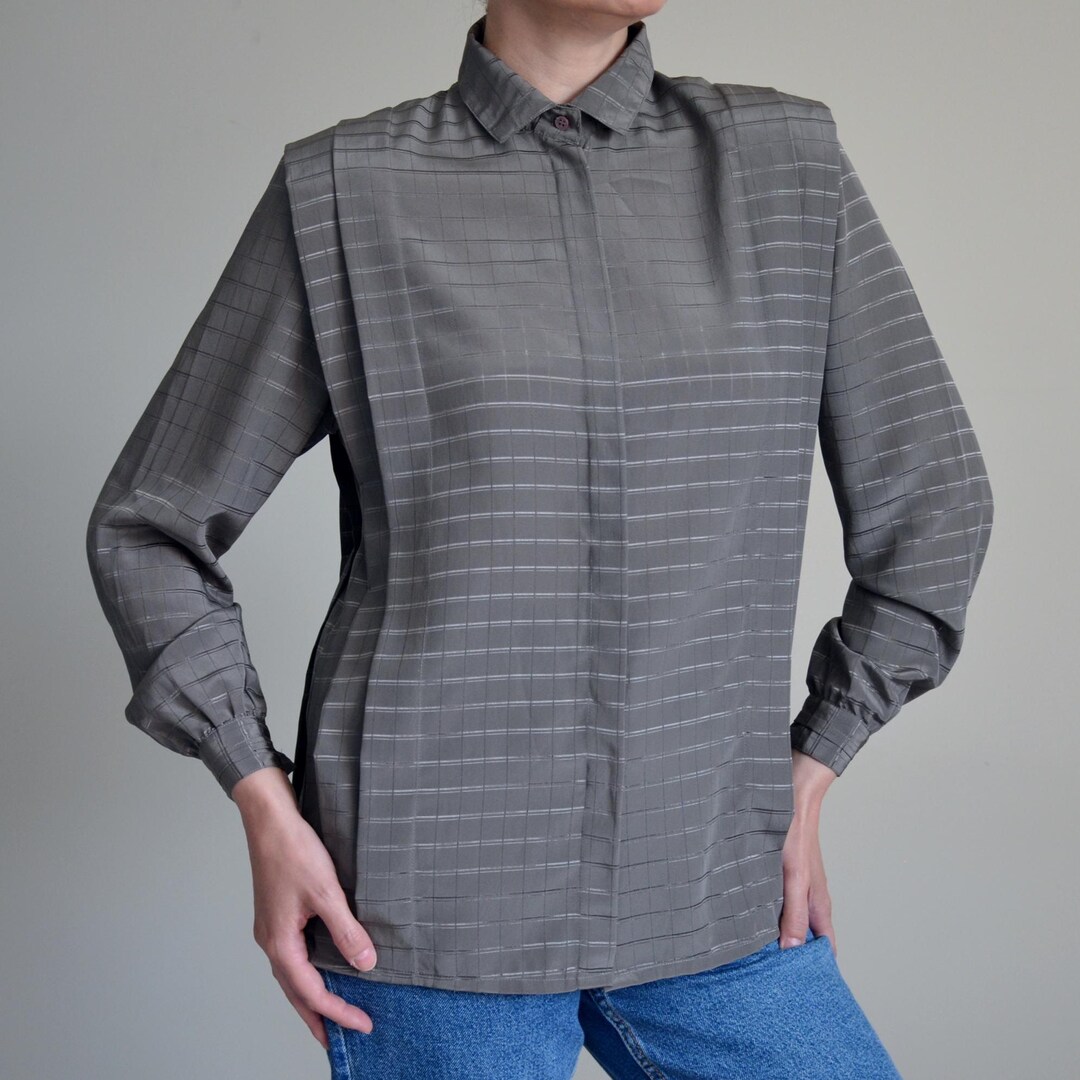 Vintage 80s Gray Check Print Blouse, Minimalist Secretary Style, Size M ...