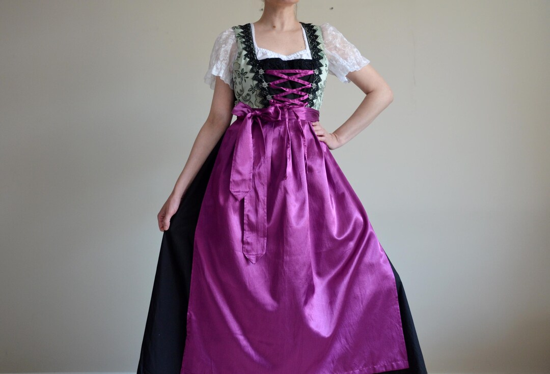 Vintage Dirndl Dress With Apron, Black & Purple German Folk Dress ...