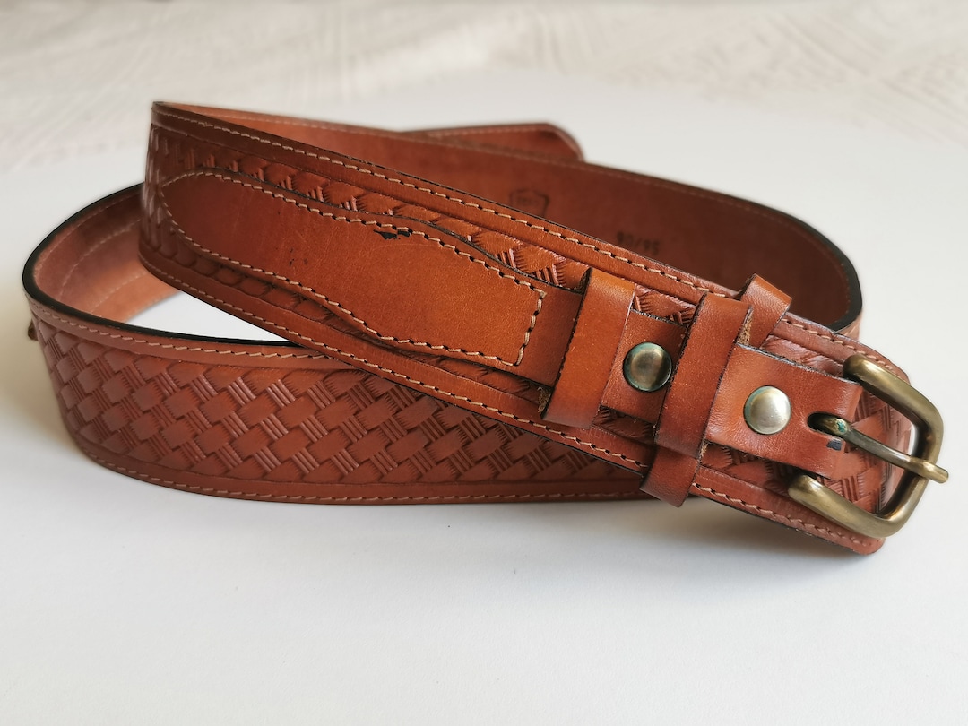Vintage Tan Leather Western Belt, Stamped Leather Belt, Geometric ...