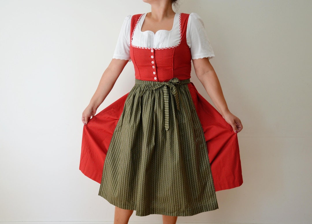 Vintage 90s Austrian Folk Dress With Apron, Polka Dot Pattern Dirndl ...