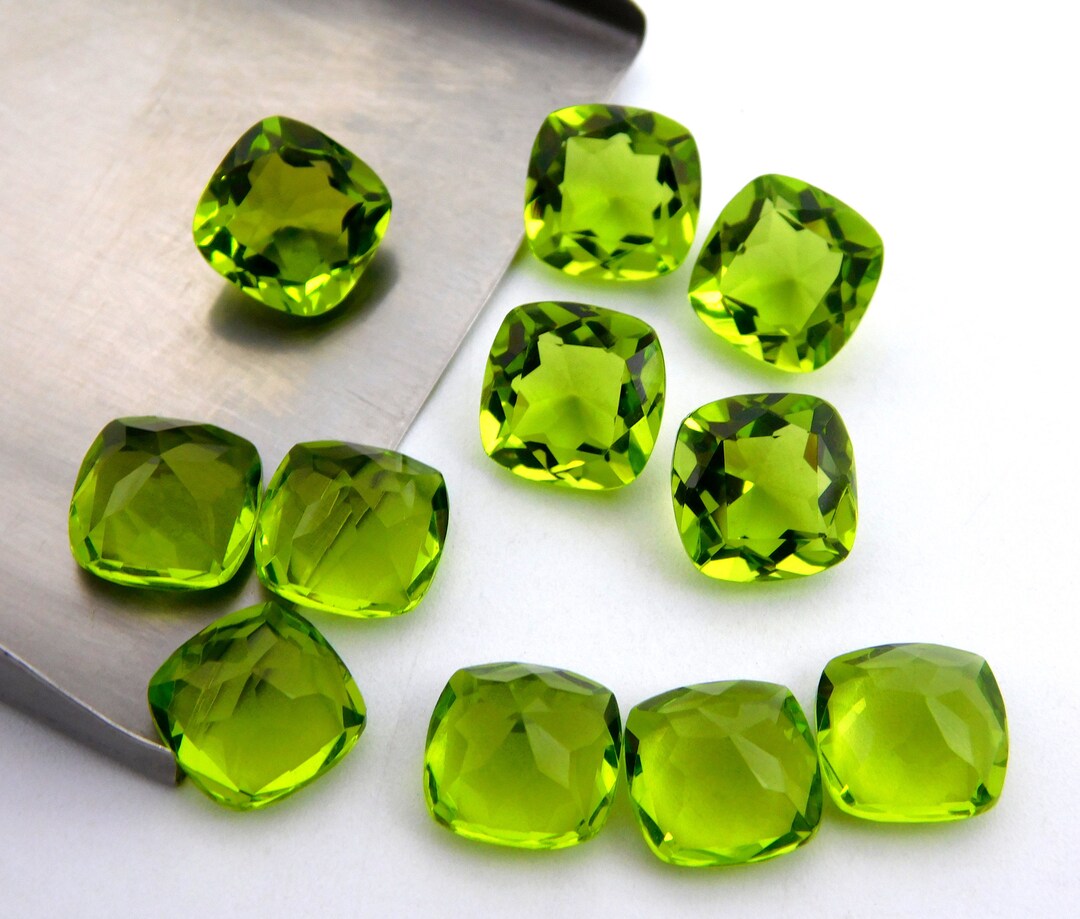 10 MM Lab Created Peridot Cushion Cut Loose Gemstone, Faceted Peridot ...