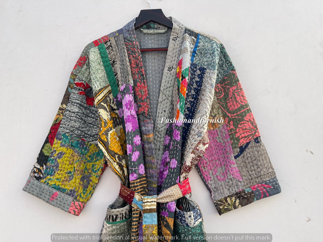 Kantha Handmade Patchwork Quilted Robe Jacket Women's Robe Kimono Style ...