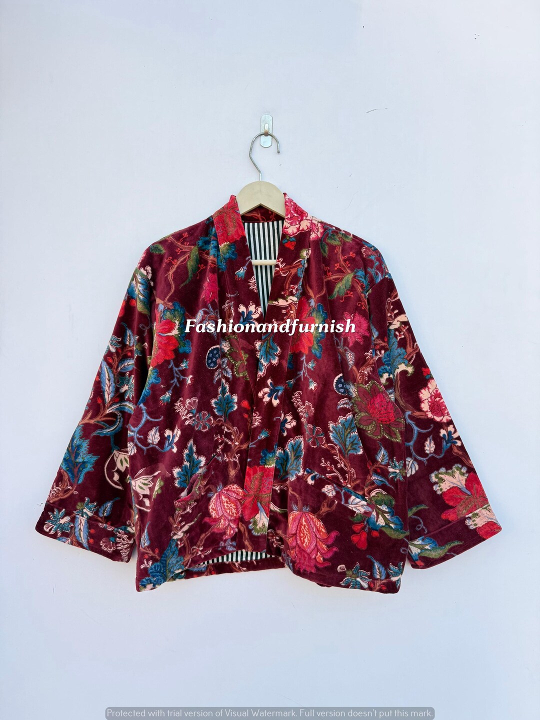 Maroon Floral Print Velvet Kimono Robes,morning Tea Velvet Coat ...