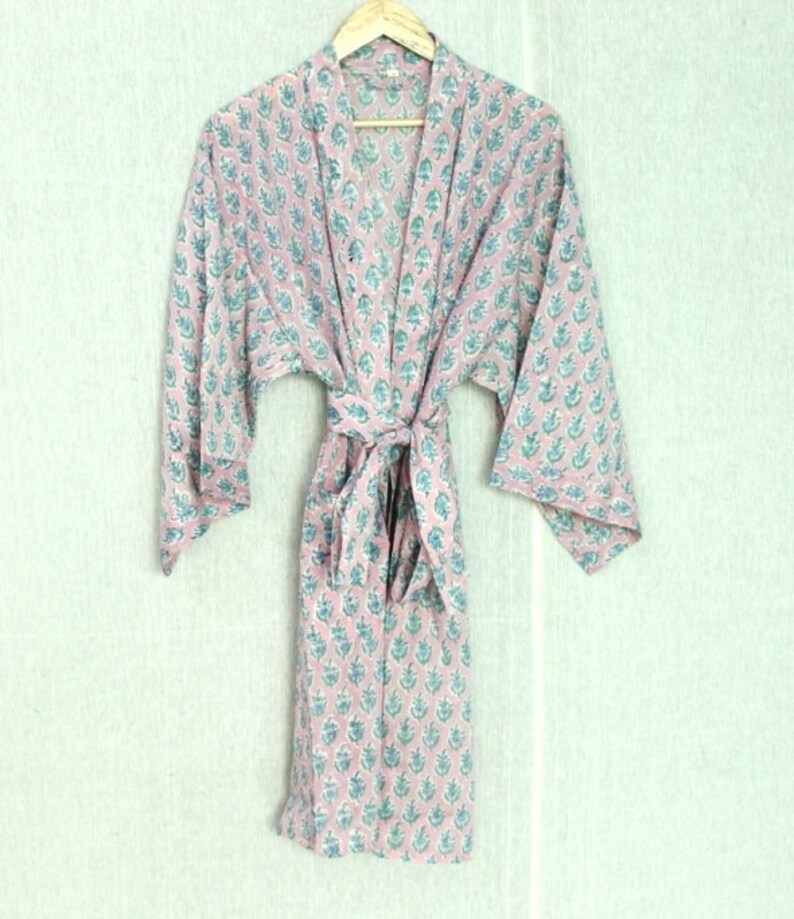 Handmade Cotton Kimono, Boho Botanical Print Dressing Gown, Lightweight ...