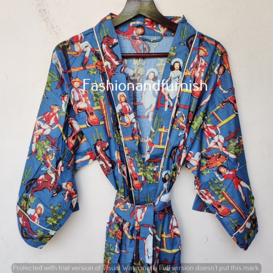 Lady Hunting Horse Cotton Kimono Robes, Digital Print Kimono, Soft and ...