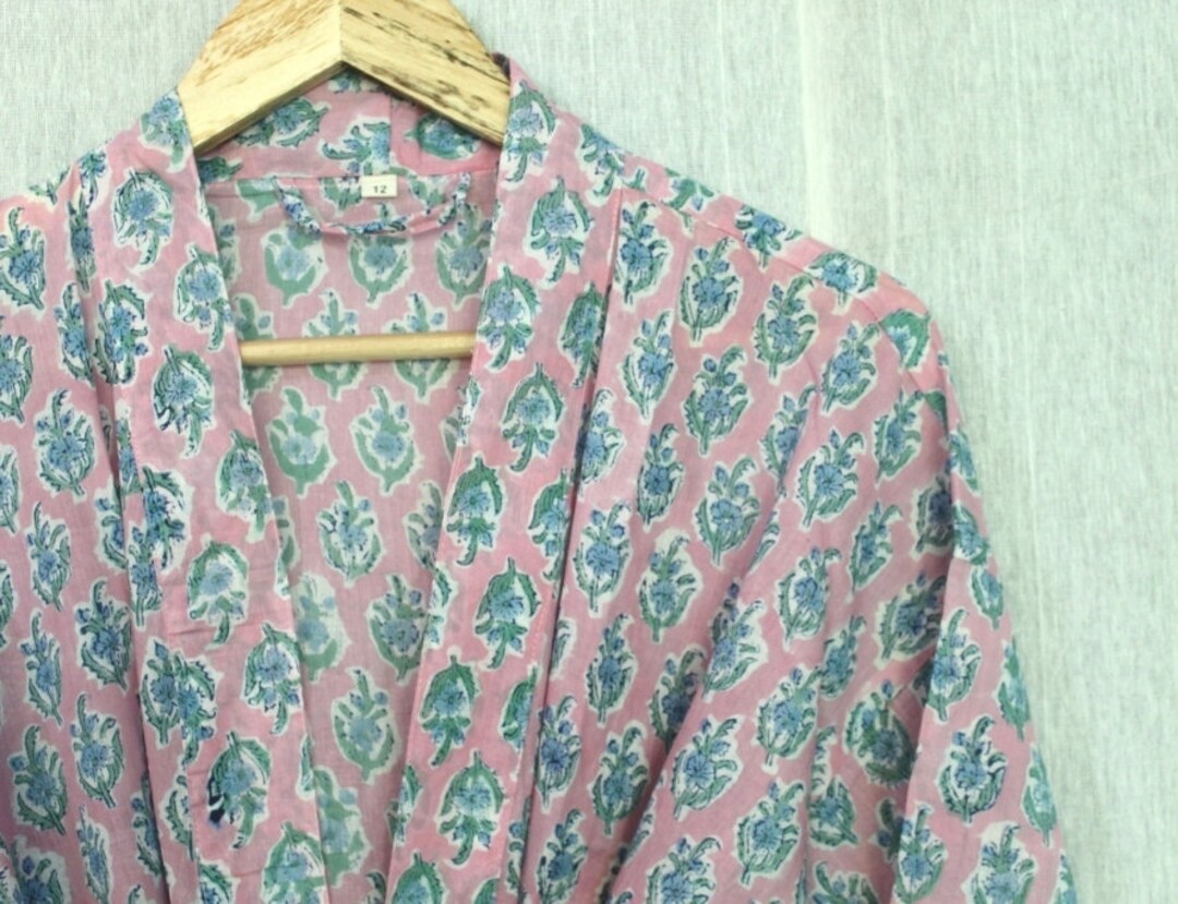 Handmade Cotton Kimono, Boho Botanical Print Dressing Gown, Lightweight ...