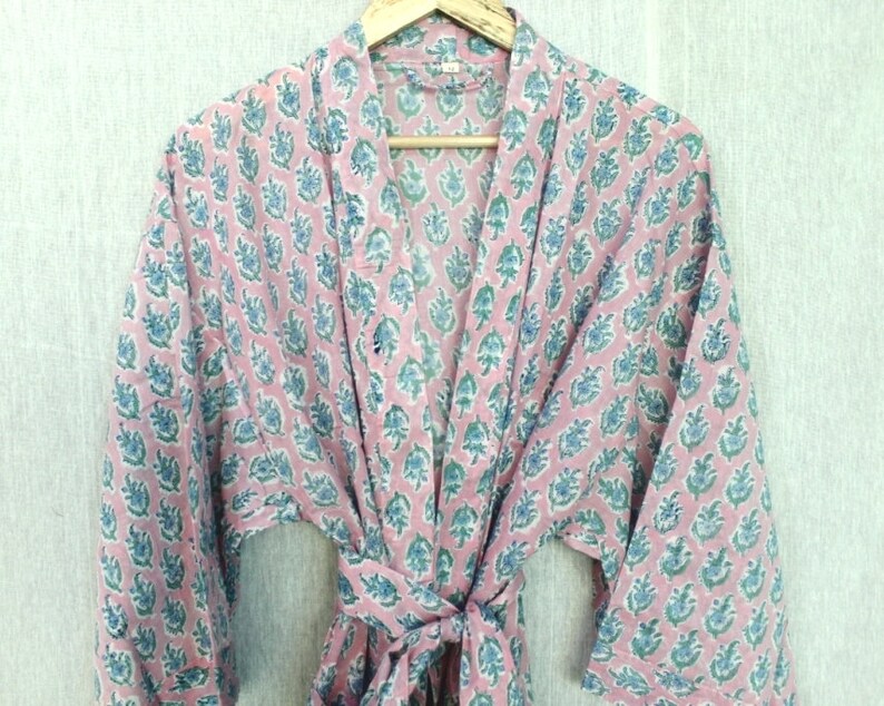 Handmade Cotton Kimono, Boho Botanical Print Dressing Gown, Lightweight ...