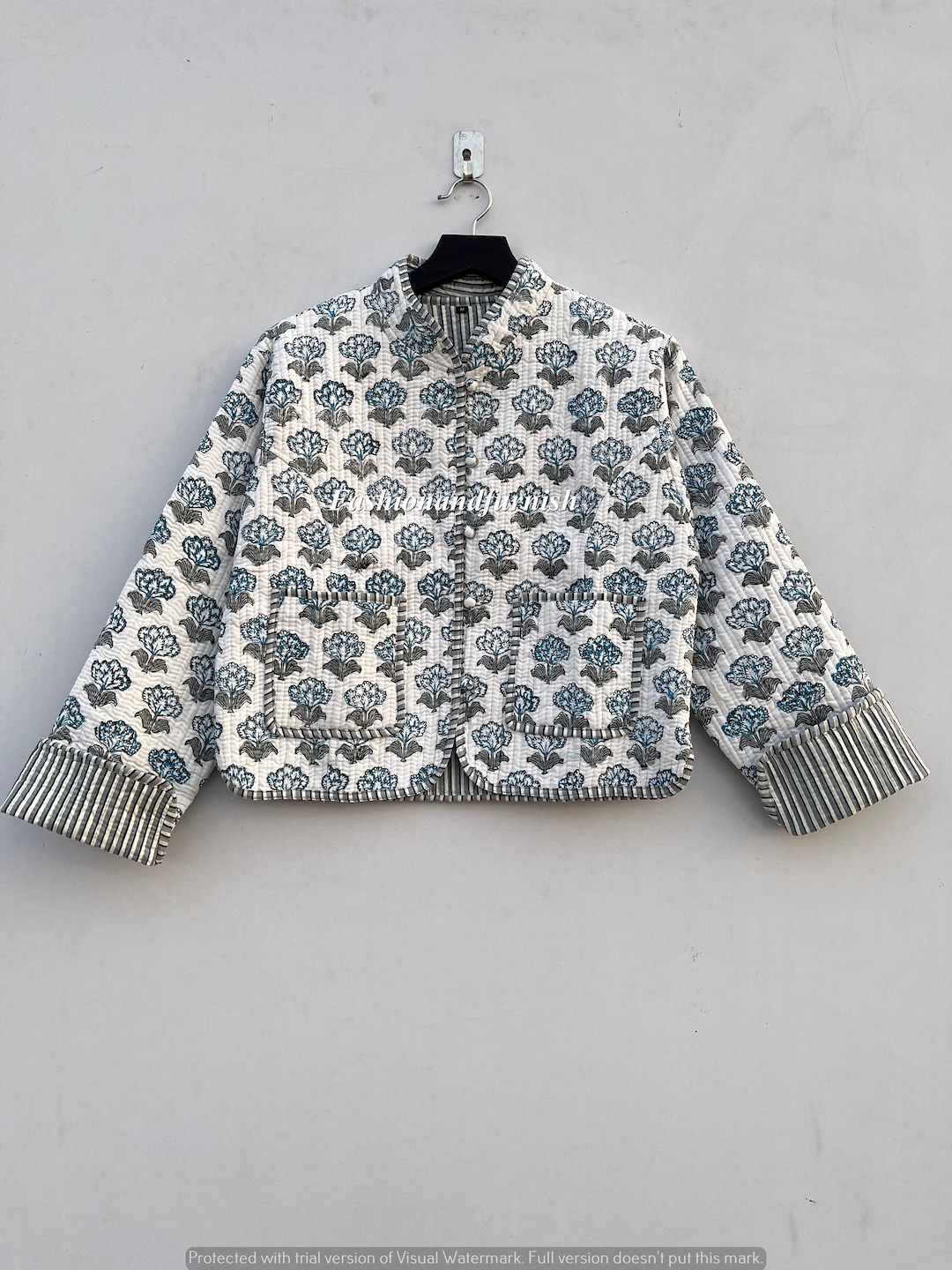 Cotton Quilted Jacket Women Wear Front Open Kimono Stripe Piping ...