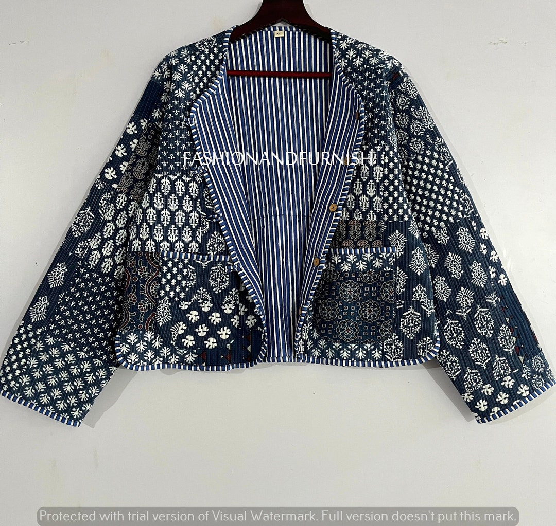 Indigo Blue Handmade Patchwork Jackets, Indian Cotton Handmade Winter ...
