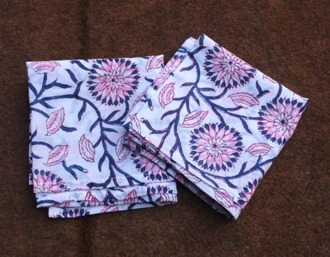 Hand Block Printed Table Napkins on Organic Cotton Floral | Etsy