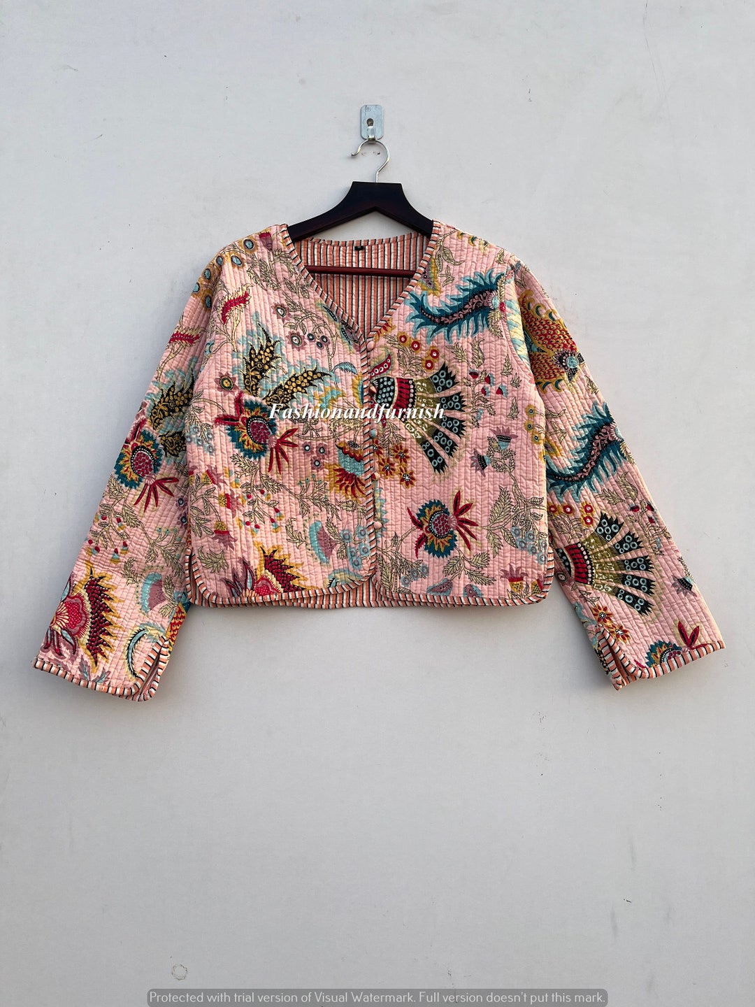 Cotton Quilted Jacket Women Wear Front Open Kimono Stripe Piping ...