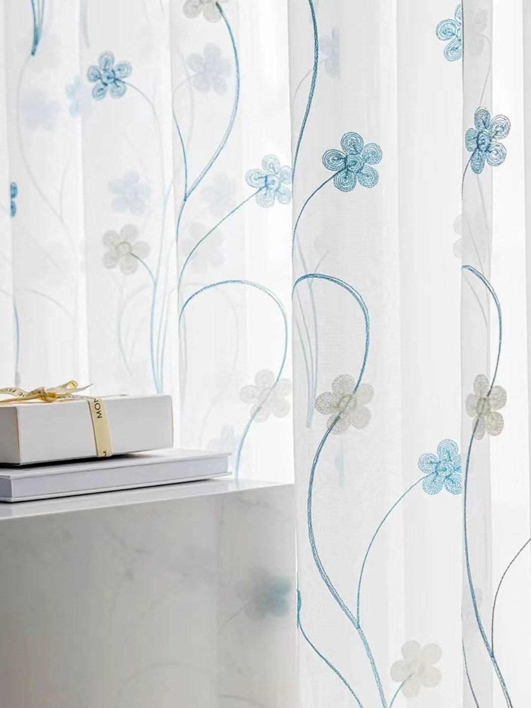 Light Blue Flower Embroidery Curtain White Sheer Curtain Sheer - Etsy