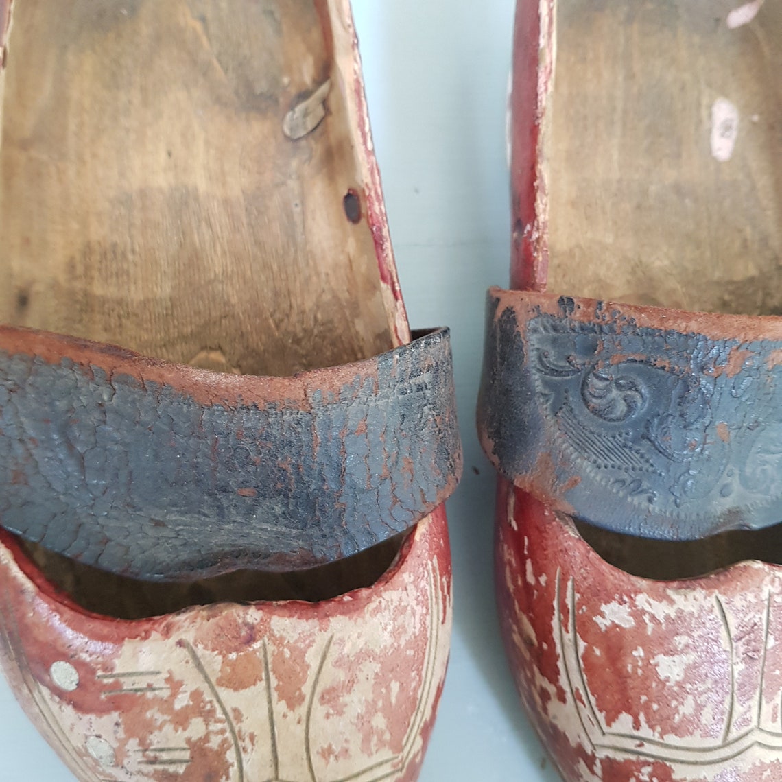 Antique Wood / Leather Clogs French / Dutch Shabby Folk Art - Etsy UK