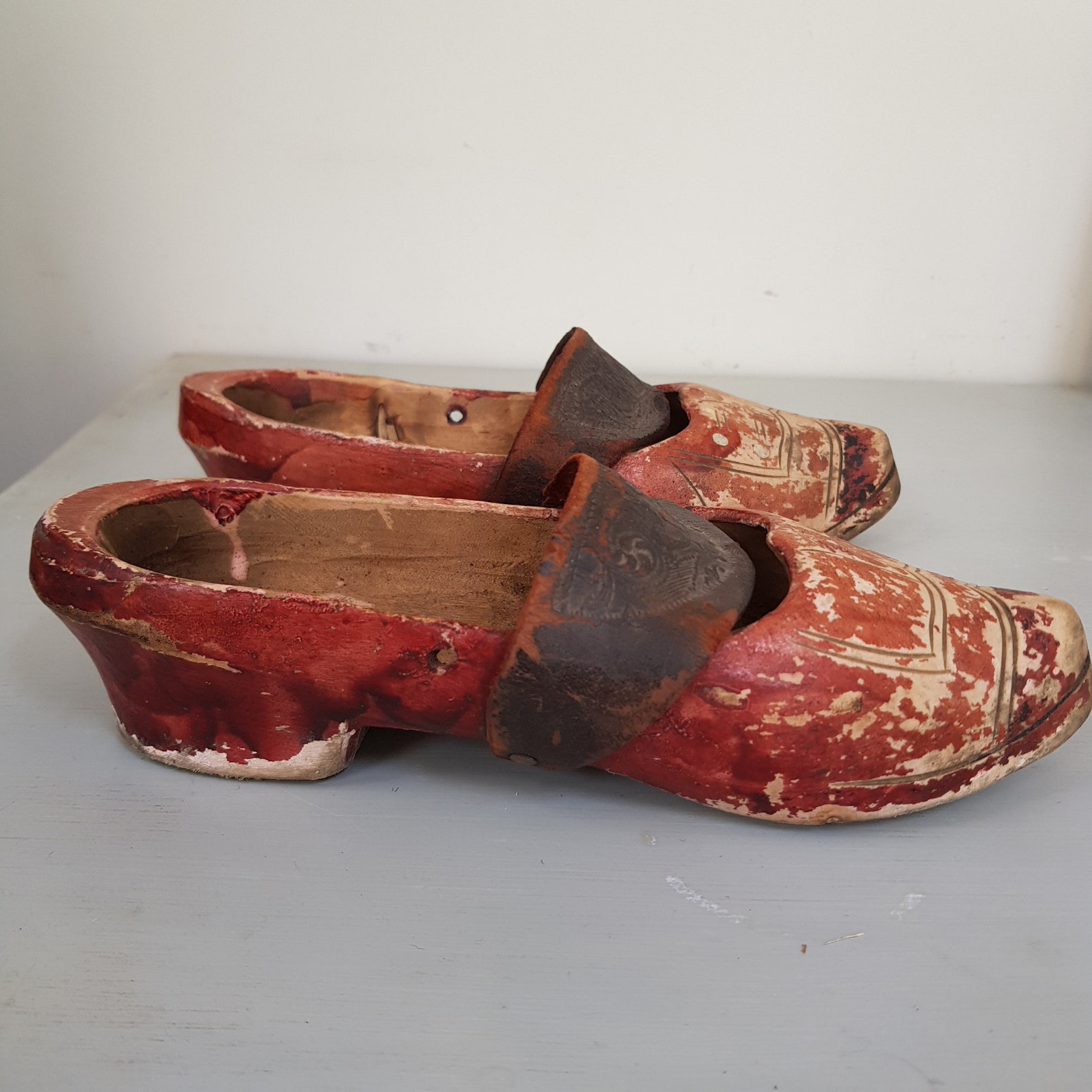 Antique Wood / Leather Clogs French / Dutch Shabby Folk Art - Etsy UK
