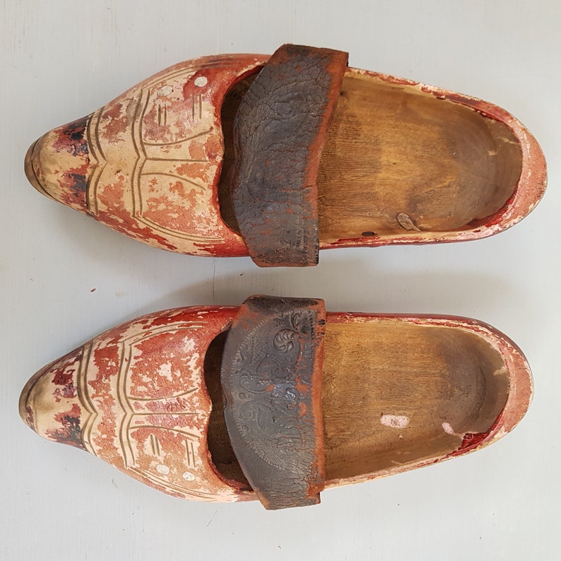 Antique Wood / Leather Clogs French / Dutch Shabby Folk Art - Etsy UK