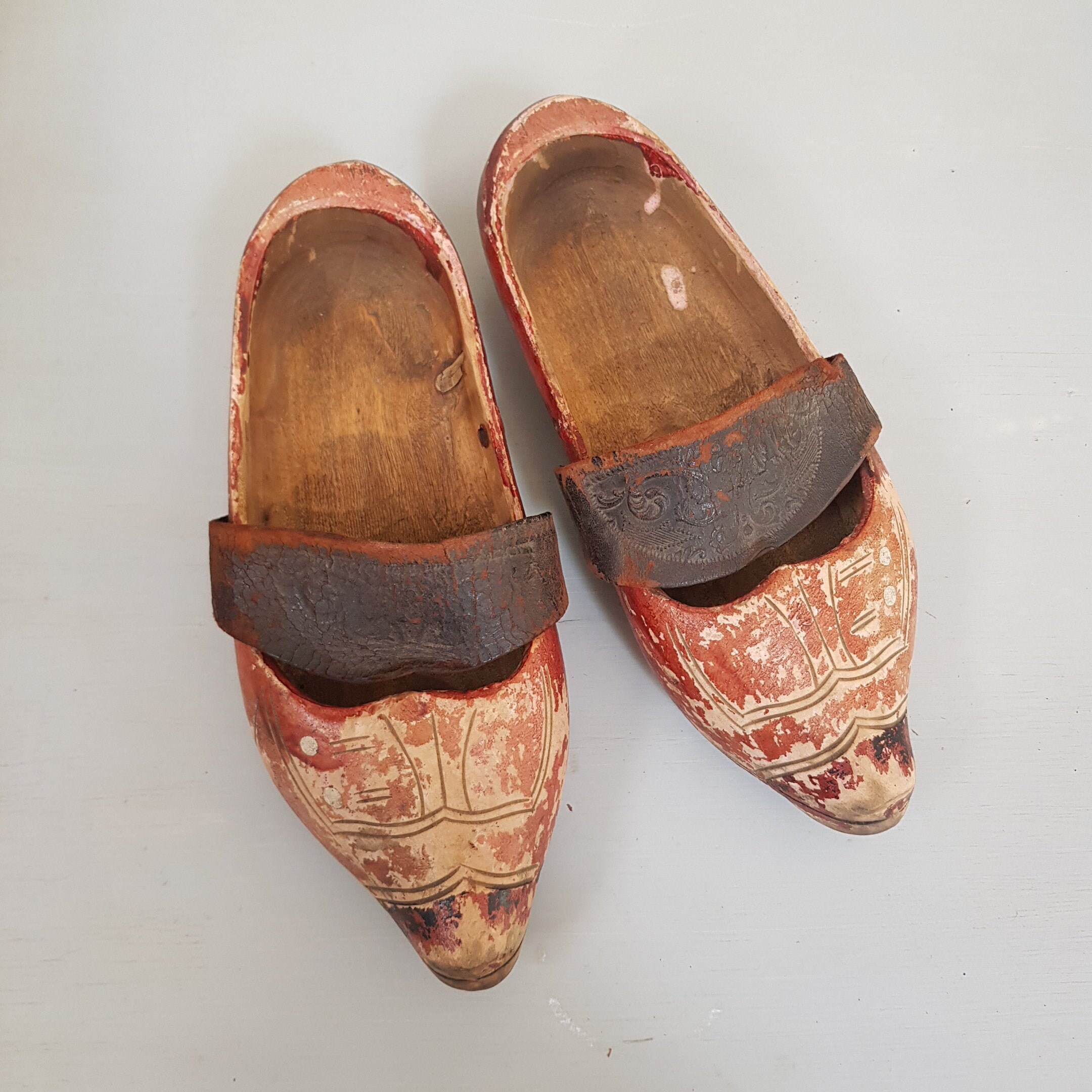 Antique Wood / Leather Clogs French / Dutch Shabby Folk Art - Etsy UK