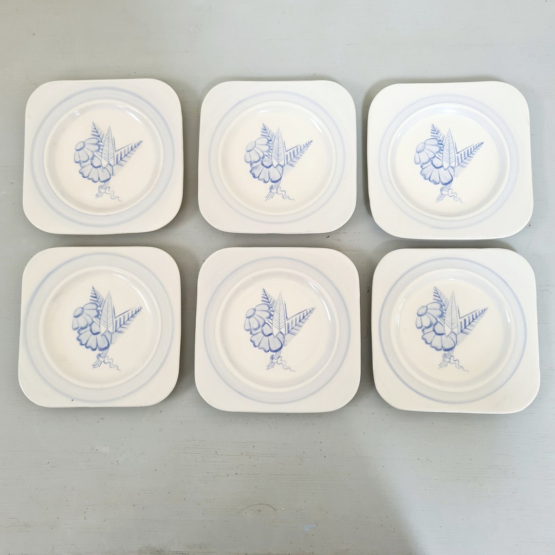 Six Hand Painted Art Deco Blue & White Tea Plates Grays’s Pottery Stoke ...