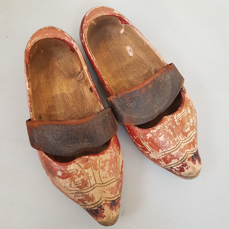 Antique Wood / Leather Clogs French / Dutch Shabby Folk Art - Etsy UK