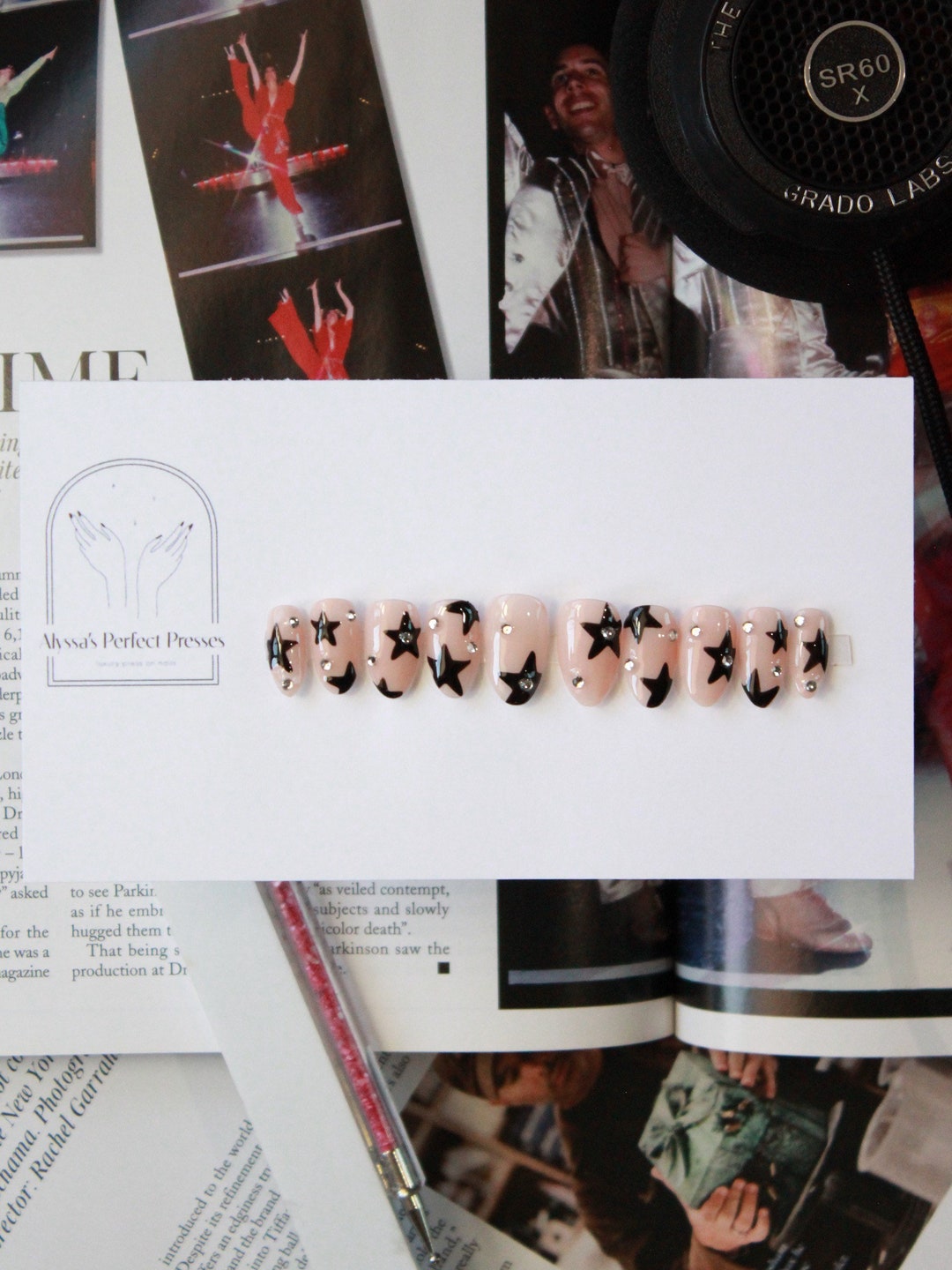 Star Edgy Black Star With Gems Gel Press on Nails - Etsy