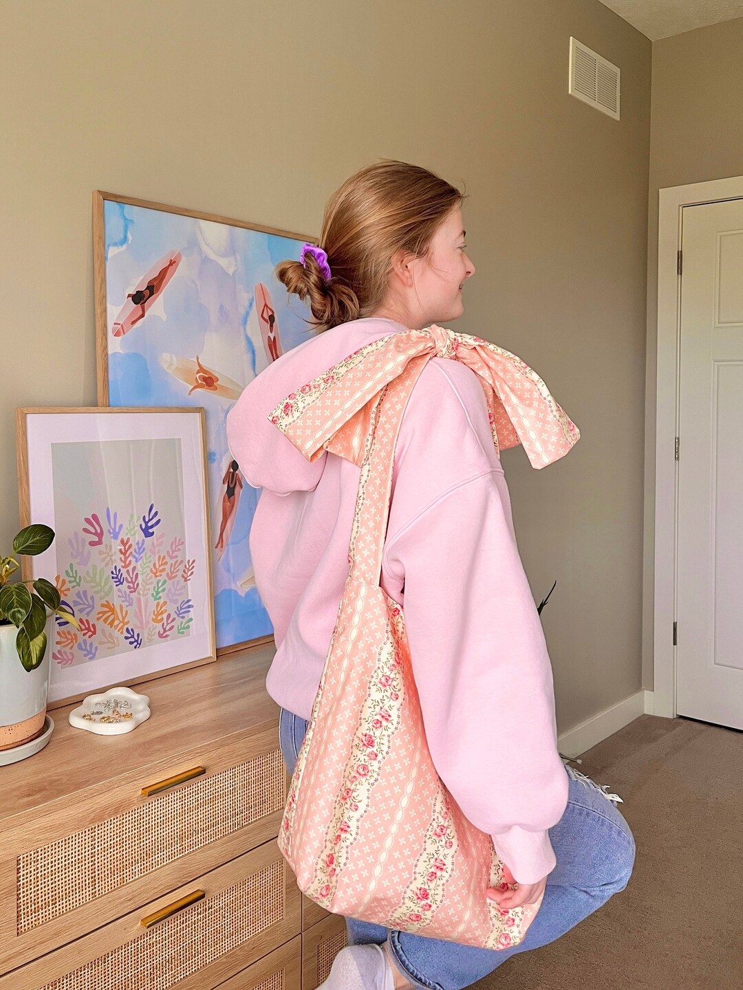 The Pink & Yellow Floral Bow Tote Bag, Flower Coquette Tote Bag, Pretty ...