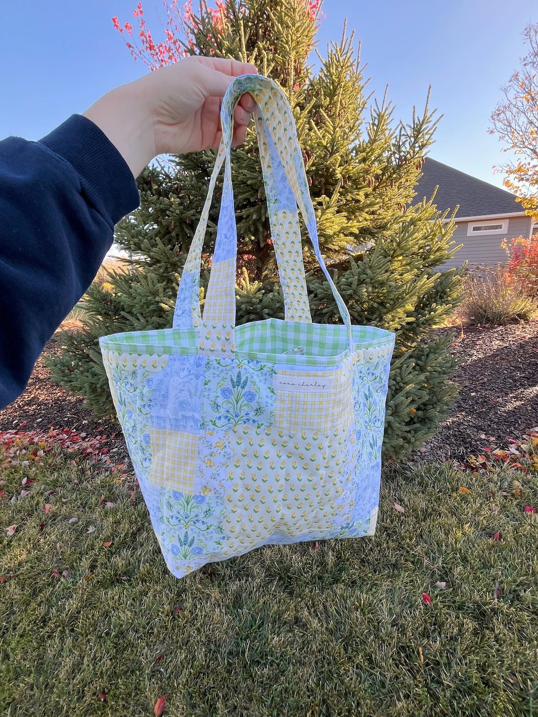 Spring Green Patchwork Mini Tote Bag, Cute Pretty Soft Durable Handmade ...