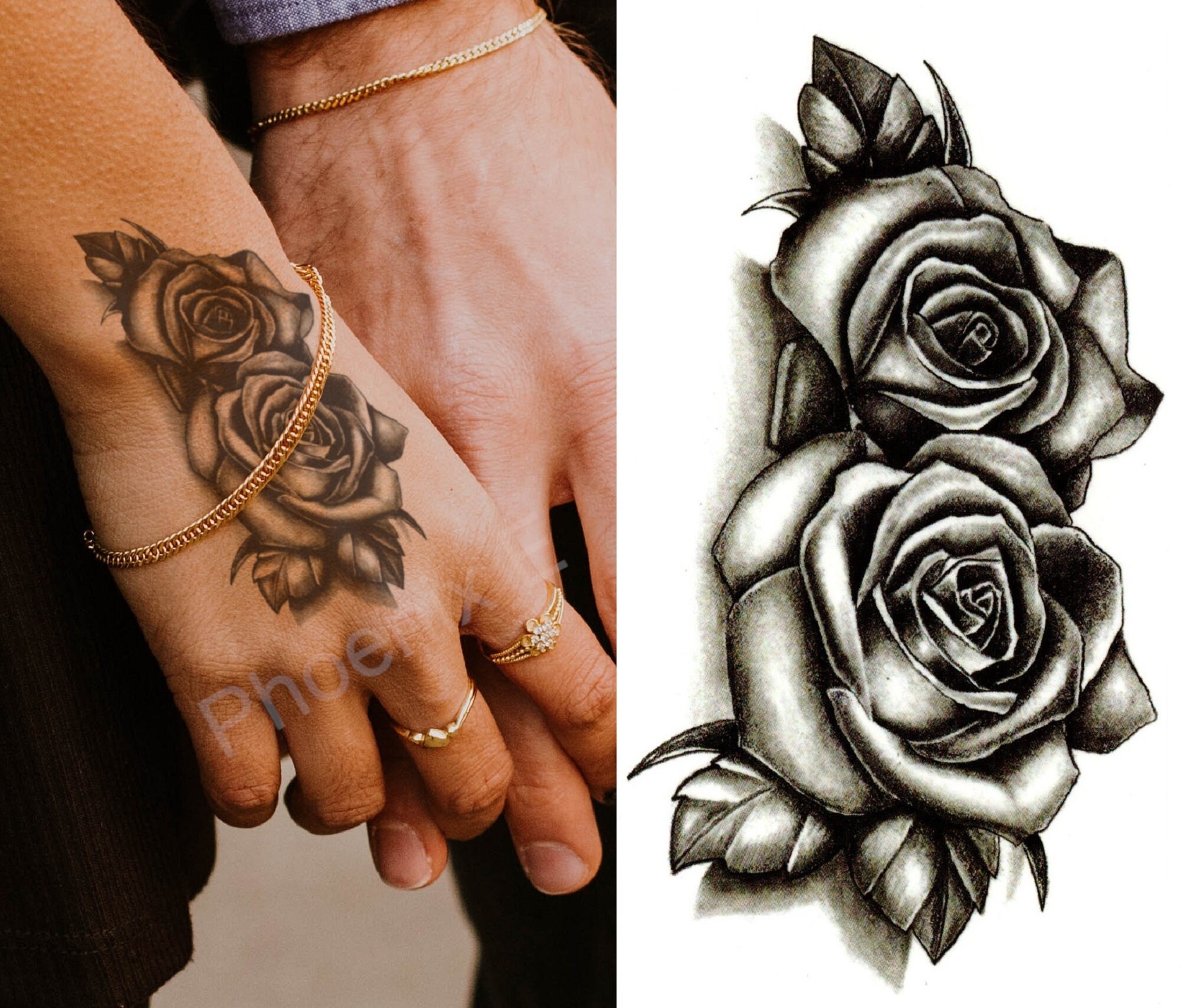 Temporary Tattoo Black Double Rose Fake Body Art Sticker Waterproof - Etsy
