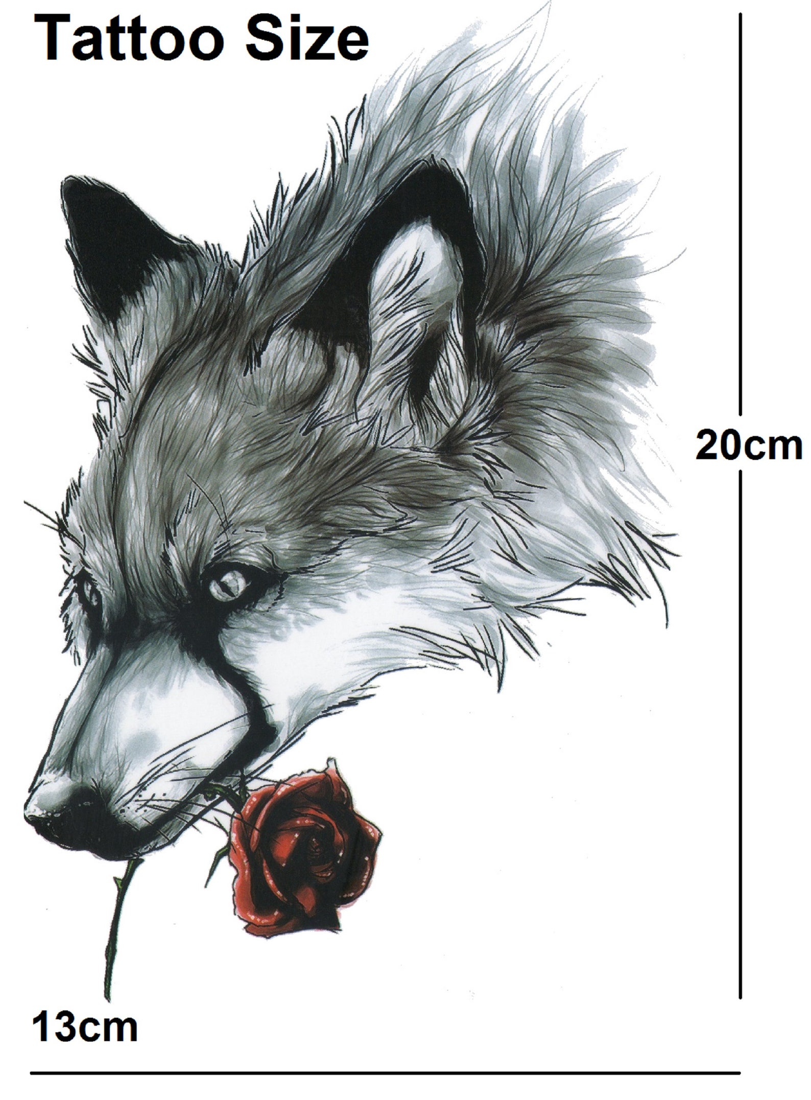 Temporary Tattoo Large Black Wolf With Red Rose Fake Body Art | Etsy
