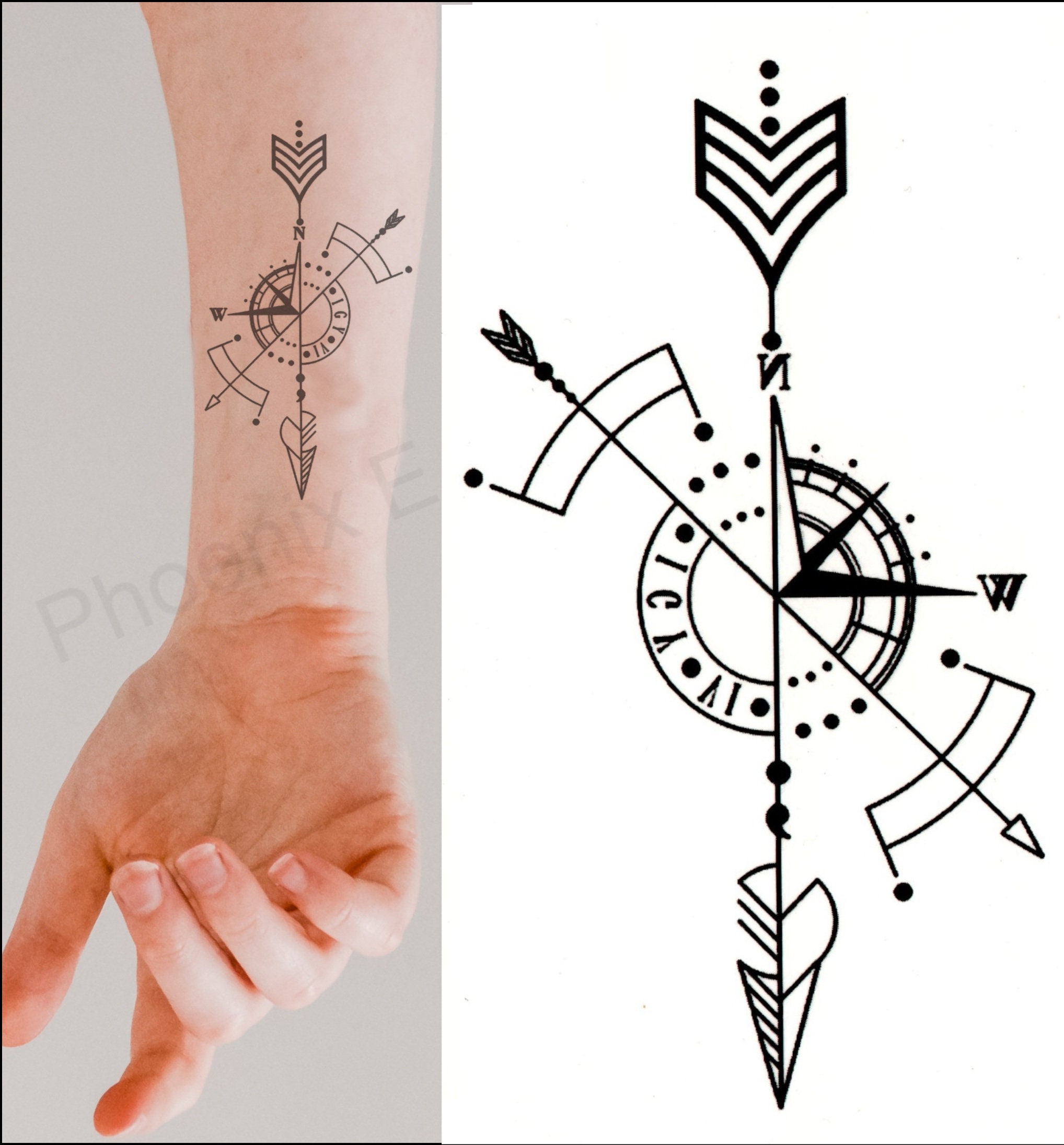 Temporary Tattoo Black Geometric Compass Arrow Fake Body Art Sticker Waterproof Etsy