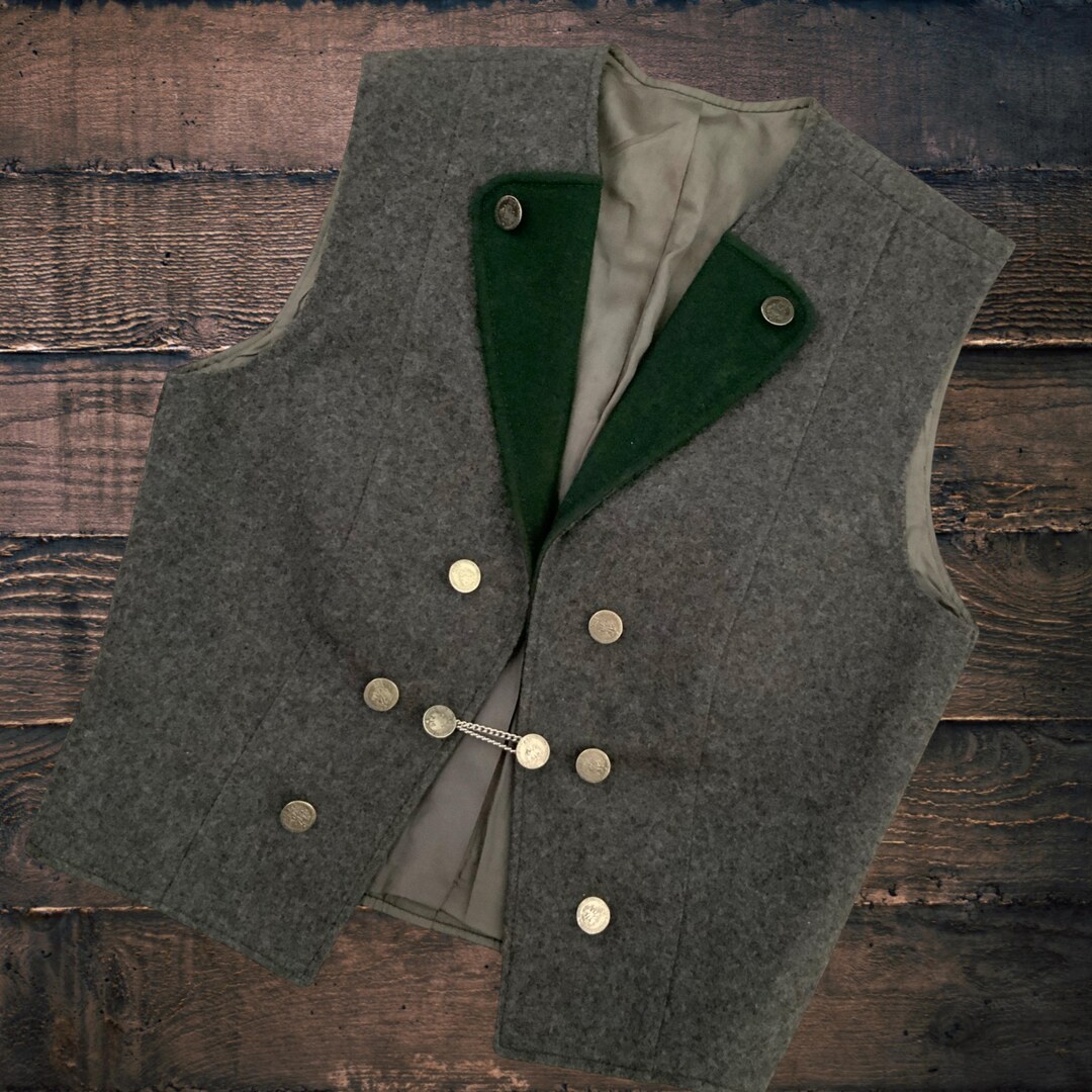 Wool Vest, Bavarian Vest, Tyrolean Vest, Grey Green Vest, Folk Vest ...