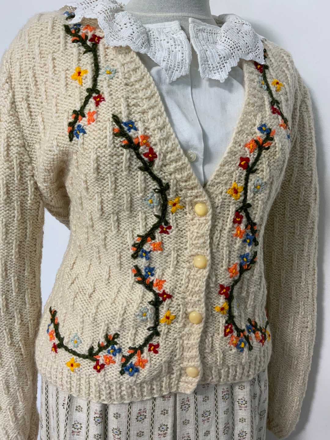 Tyrolean off White Wool Sweater,handmade Embroidery Wool Austrian ...