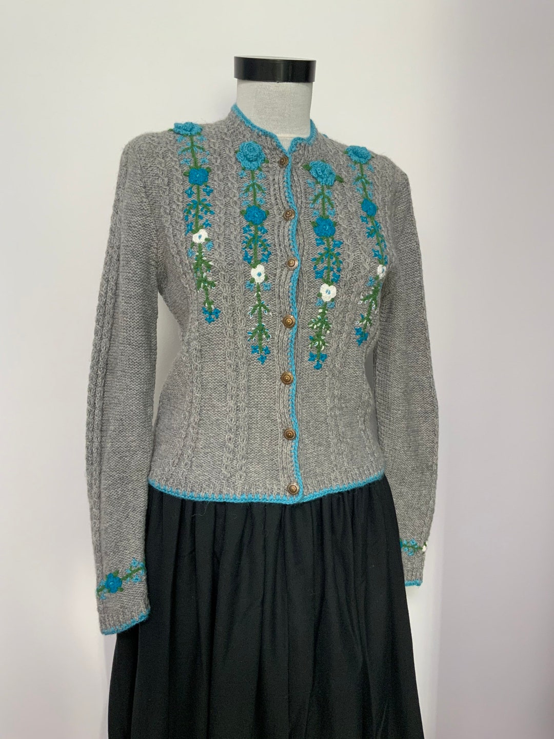 Floral Embroidered Tyrolean Wool Cardigan, Austrian Trachten Sweater ...