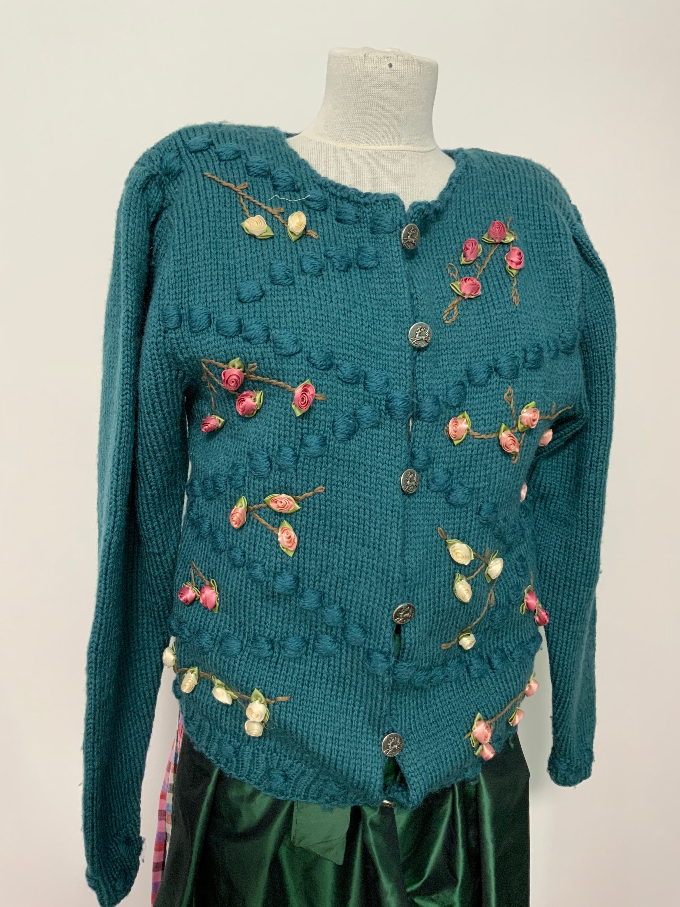 Teal Wool Tyrolean Cardigan, Floral Appliqué, Bavarian Sweater, Fits M ...