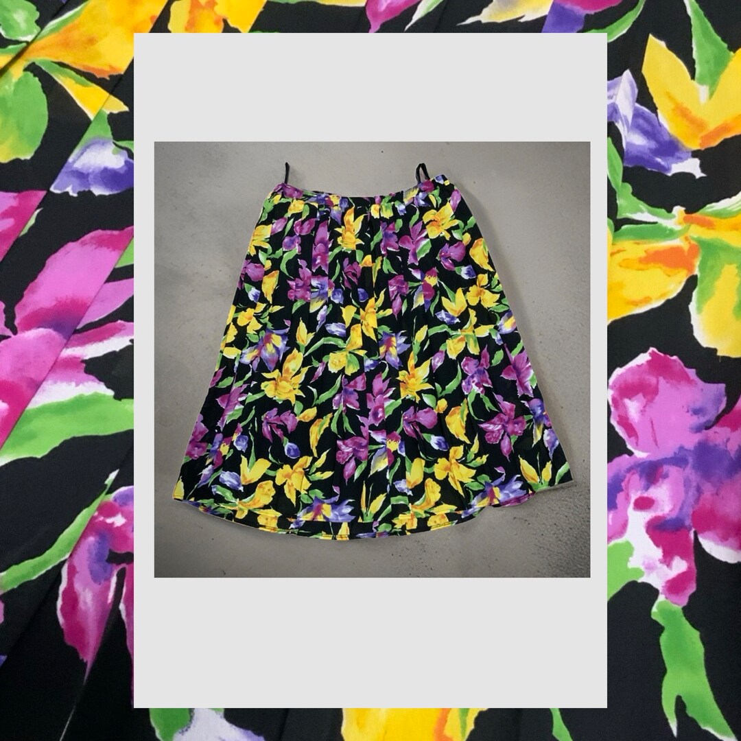 Vintage Pleated Skirt, Flower Skirt, Vivid Colors Print Skirt, Office ...