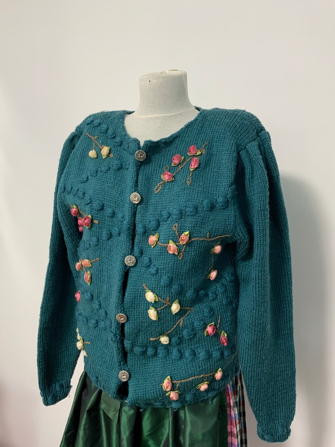 Teal Wool Tyrolean Cardigan, Floral Appliqué, Bavarian Sweater, Fits M ...