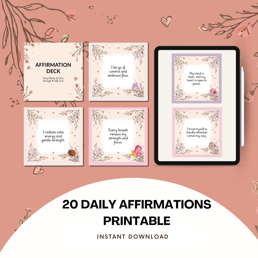 Cute Floral Affirmation Cards Printable Deck – 20 Daily Positive Quotes ...