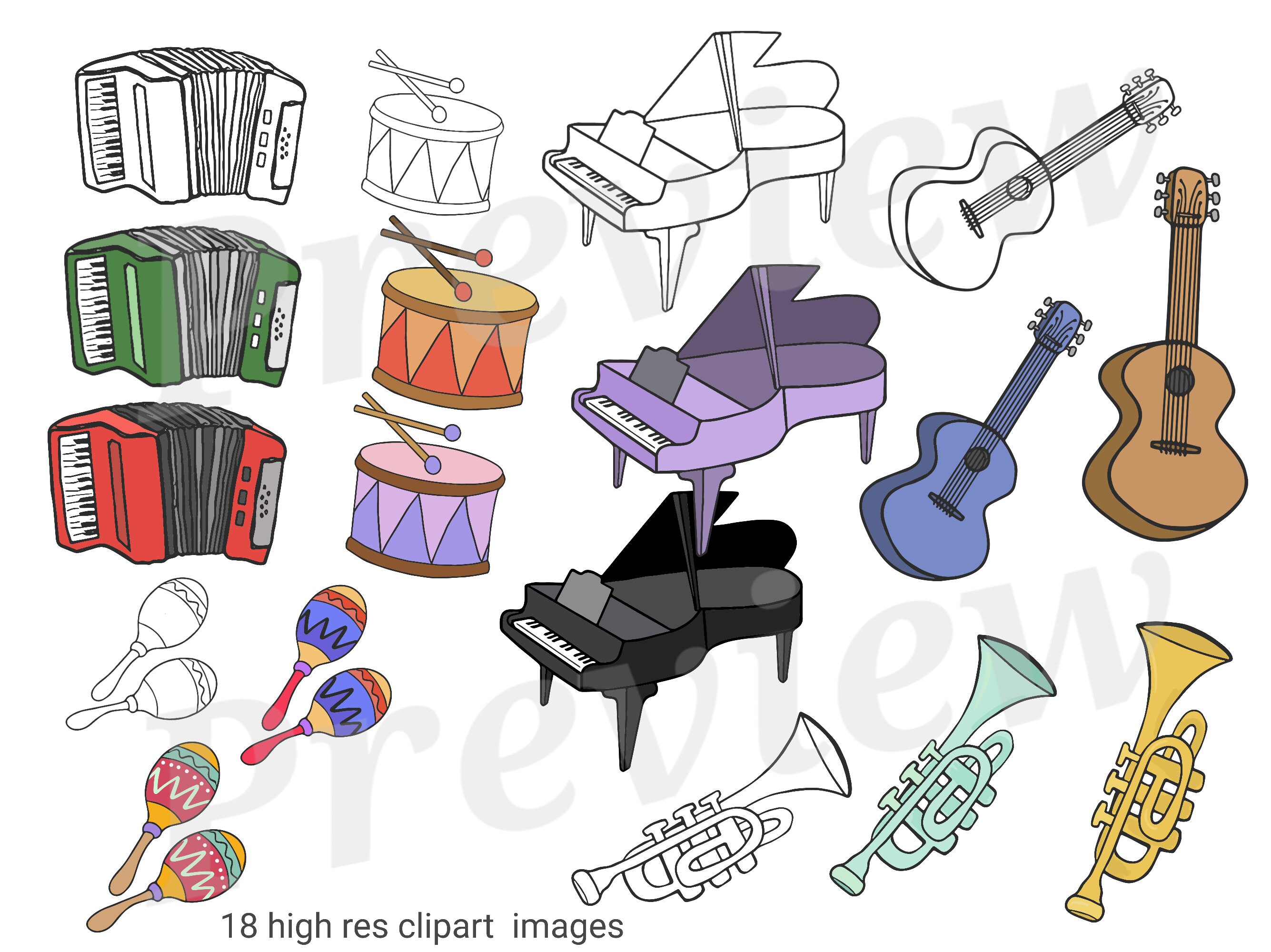 Musical Instruments Clipart / Colored and Black and White / Instant ...