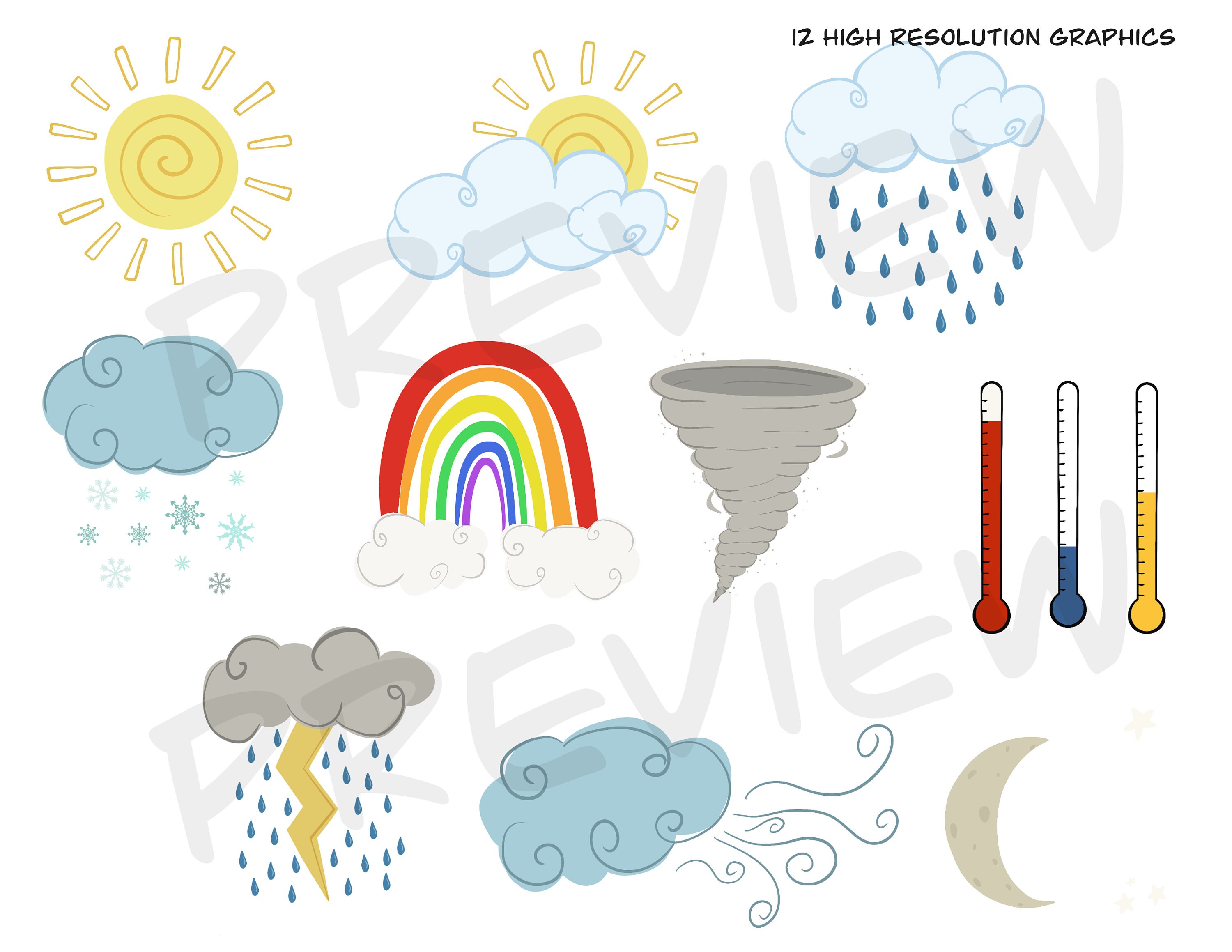 Weather Clipart / Sun and Clouds /temperature Images / Instant Download ...